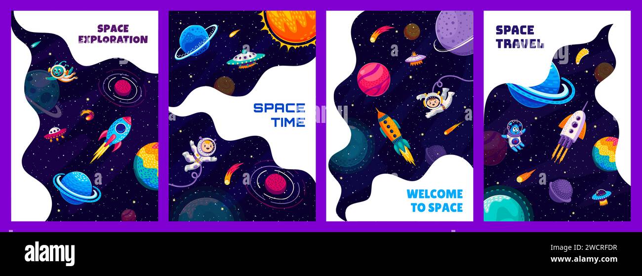 Space posters with cartoon spaceship and starship, kid astronauts and ...