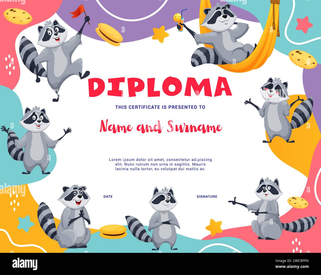 Kids diploma. Cartoon funny raccoon characters vector background frame ...
