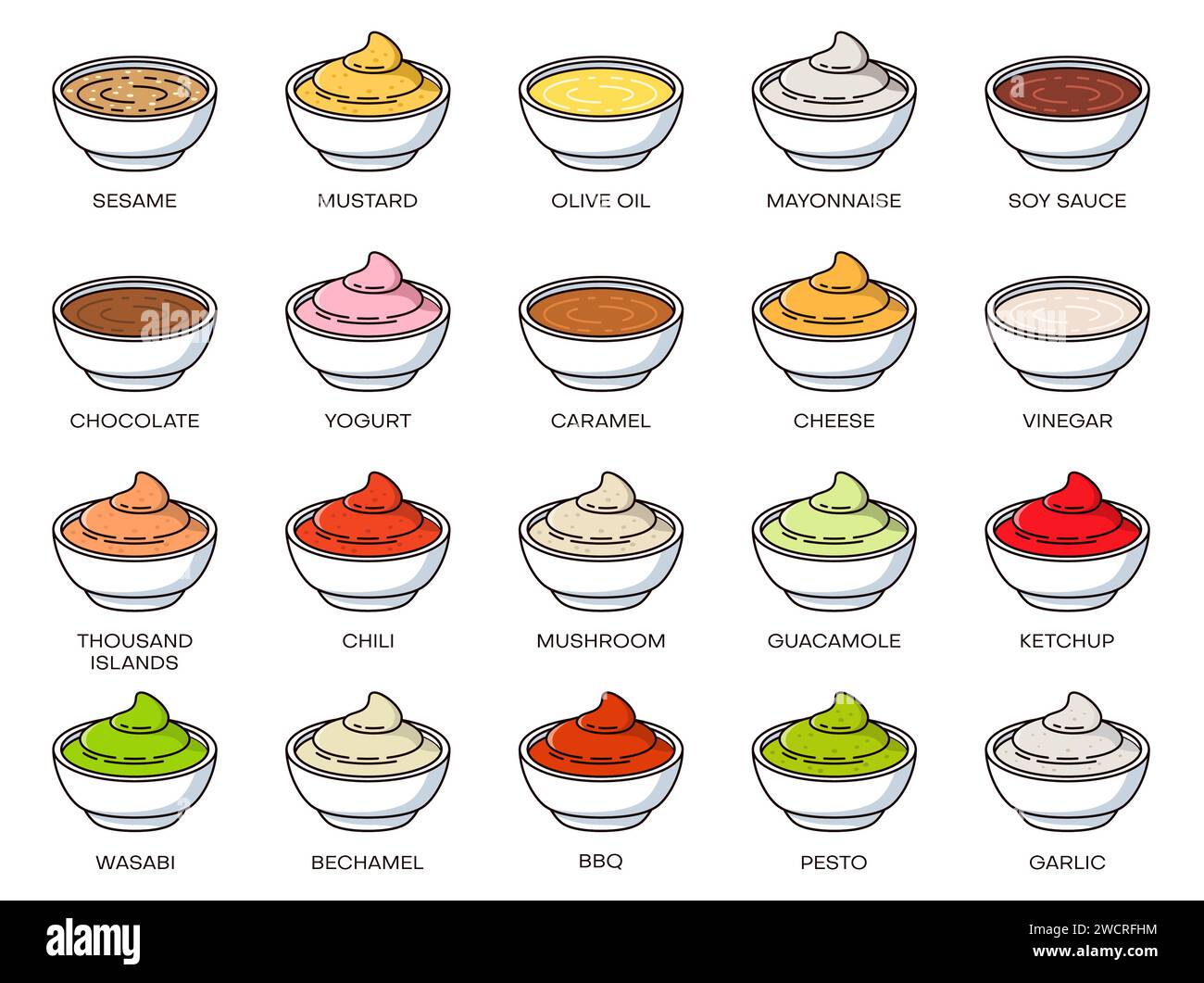 Dip sauce bowl icons of ketchup, mustard, mayonnaise and spicy ...