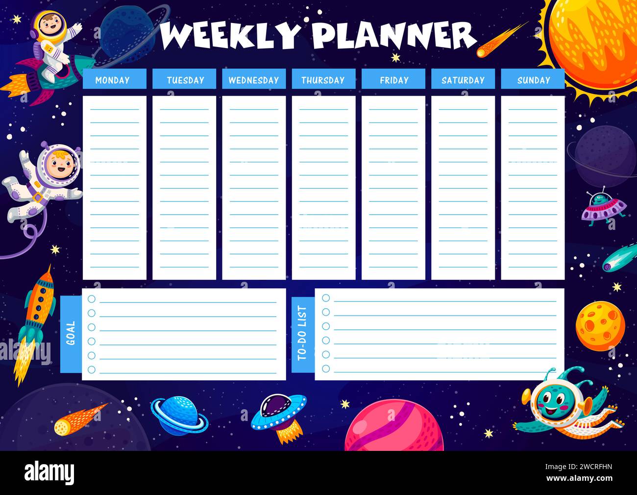 Weekly planner with cartoon space astronauts and alien UFO in galaxy ...