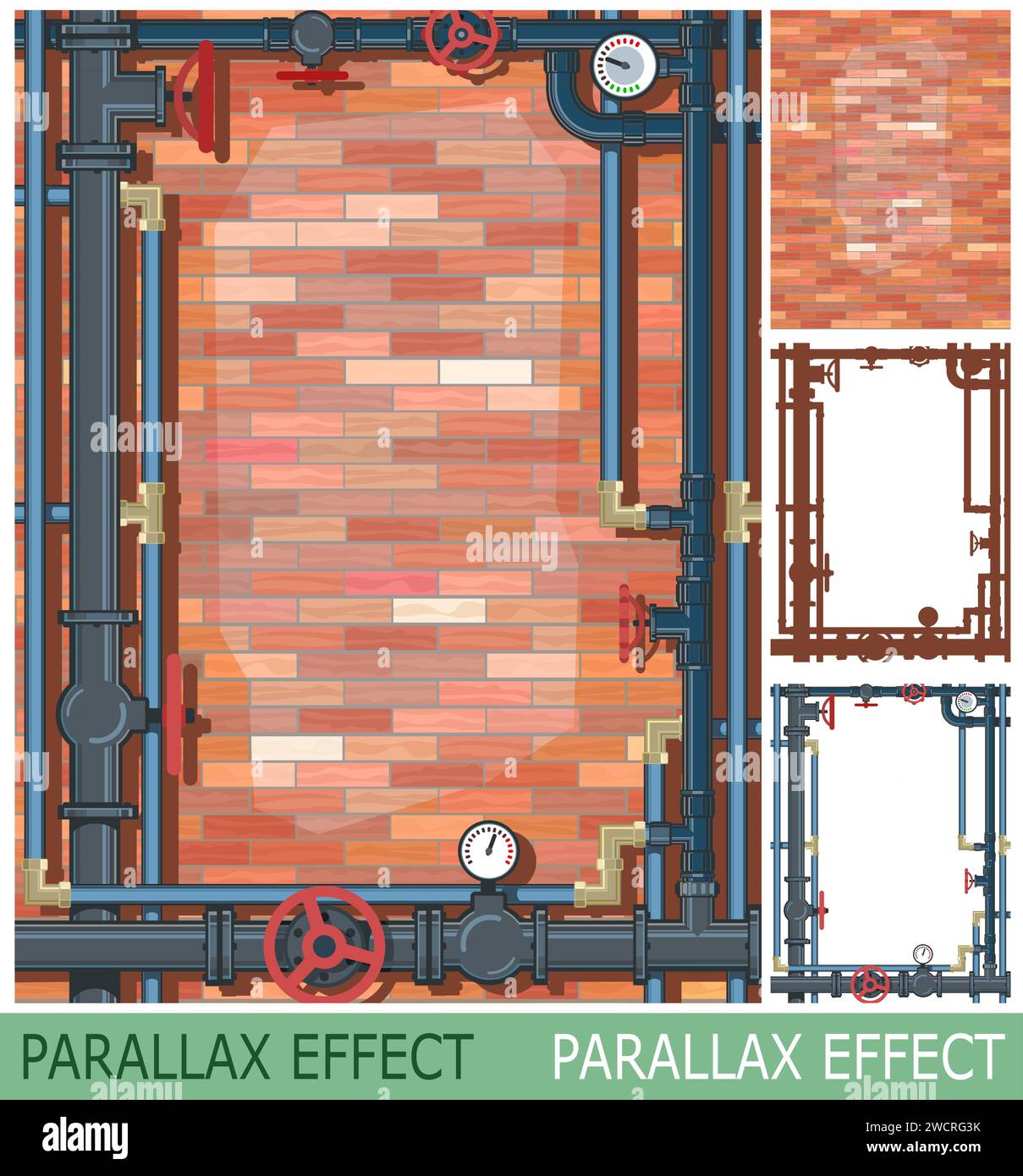 Pipeline and wall. Set of slides for parallax effect. Funny cartoon ...