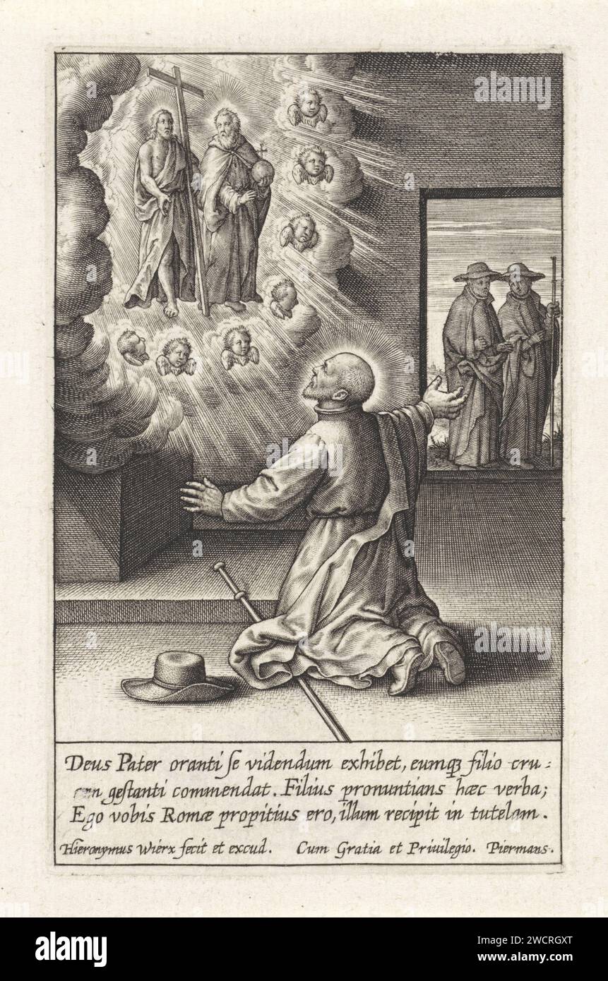 Ignatius van Loyola has a vision of the crucified Christ and God the Father, Hieronymus Wierix ...