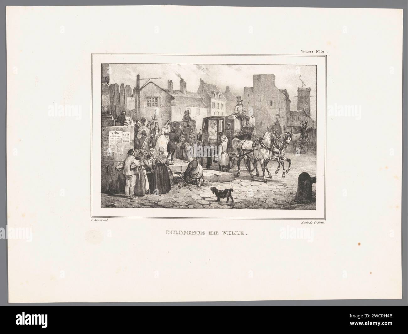 Passengers step into a city diligence, Victor Adam, 1828 print A lady ...