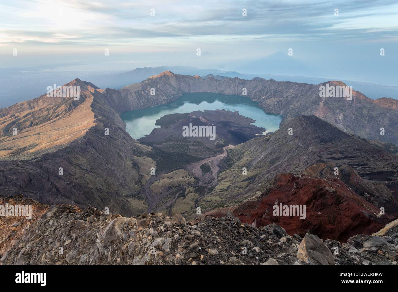 An aerial view of Mount Rinjani volcano on the island of Lombok ...