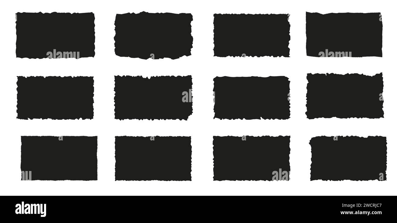 Set of torn paper pieces. Black grunge jagged rectangle frames. Vector torn paper sheet for ...