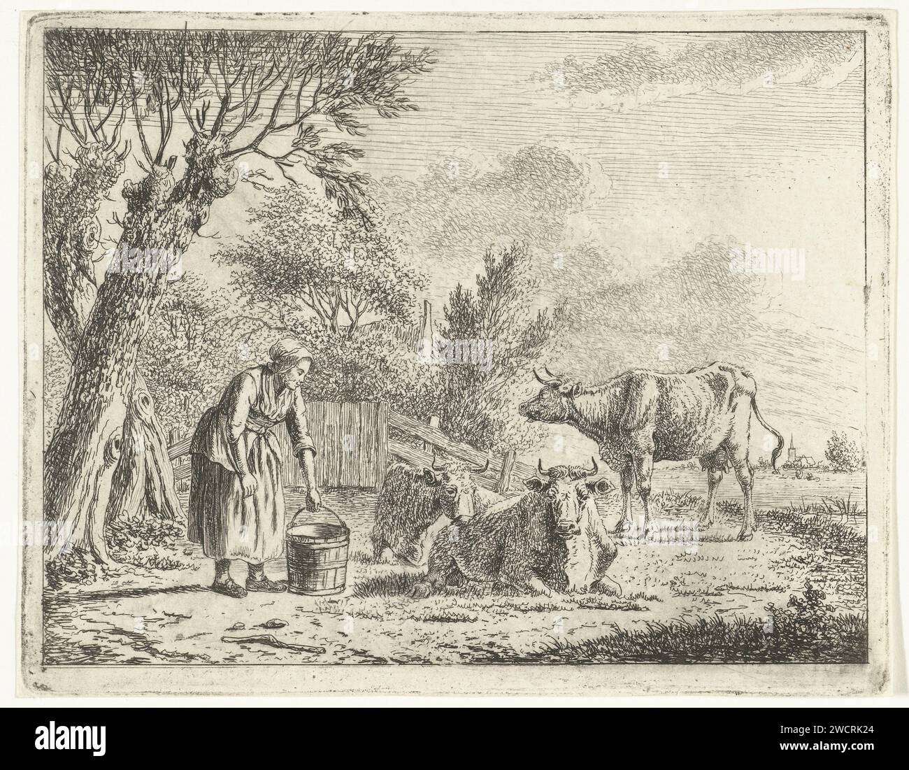 Landscape with wife with milk bucket and three cows at farm, Cornelis ...