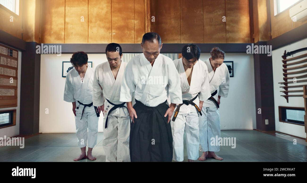 Martial arts group, men and bow for exercise, respect or honor for ...