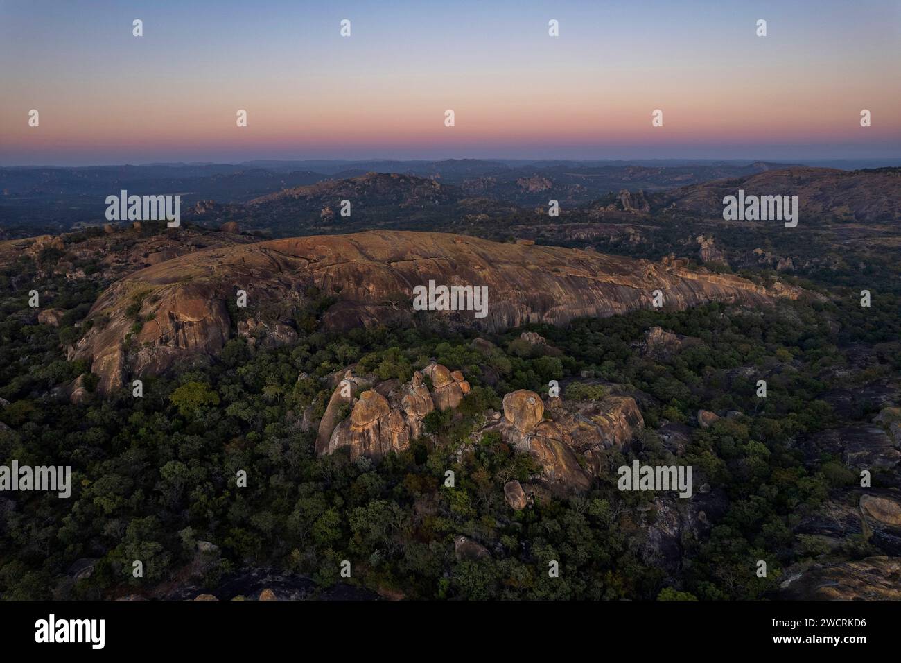 An aerial view of the unique landscape of the Matobo hills in Zimbabwe ...
