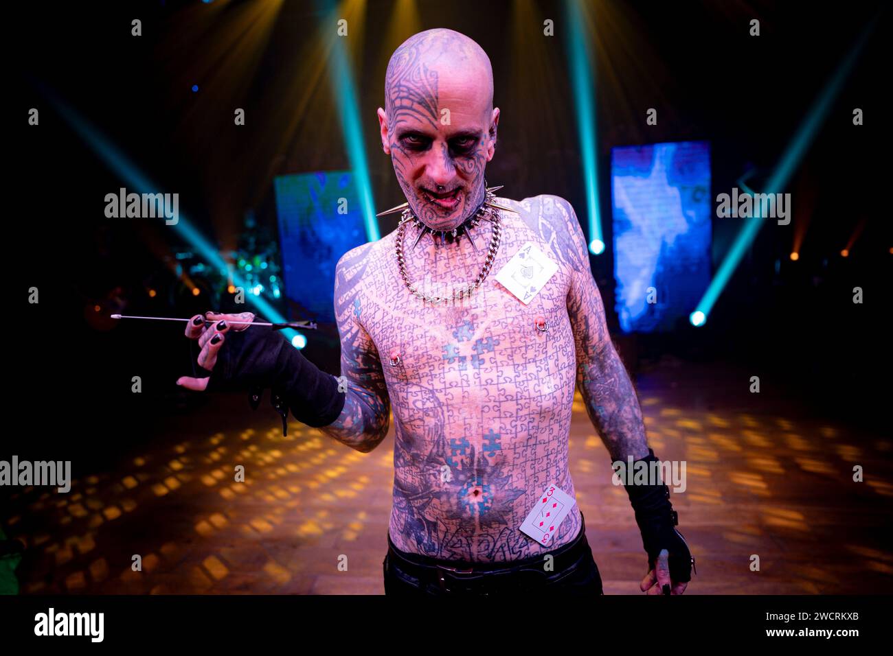 Blue Jigsaw, who is almost covered all over with tattoos staples ...