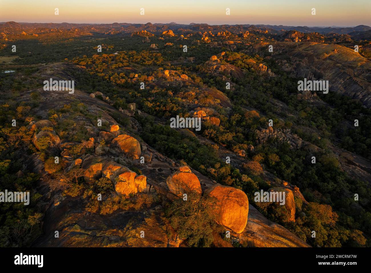 An aerial view of the unique landscape of the Matobo hills in Zimbabwe ...