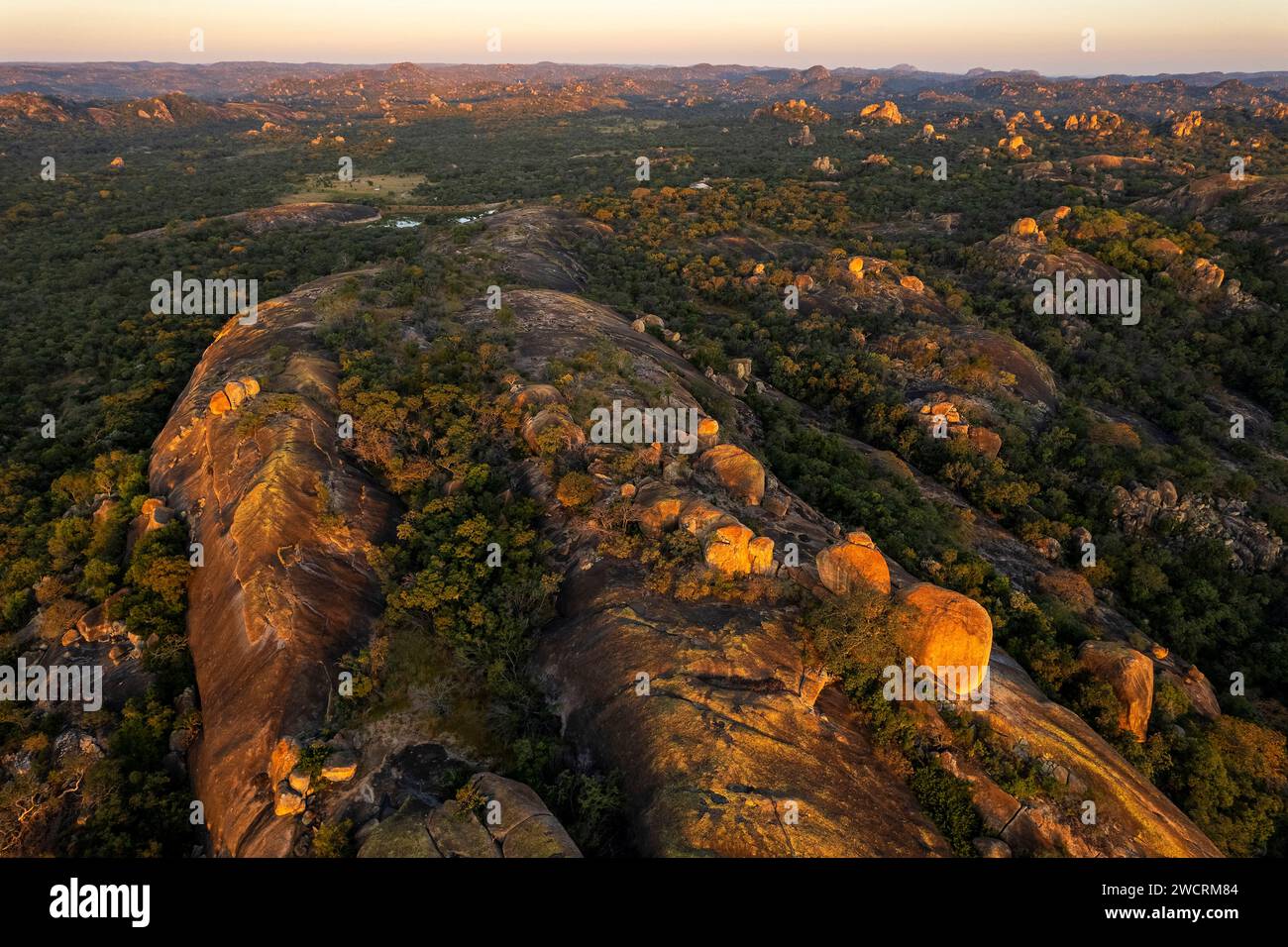 An aerial view of the unique landscape of the Matobo hills in Zimbabwe ...