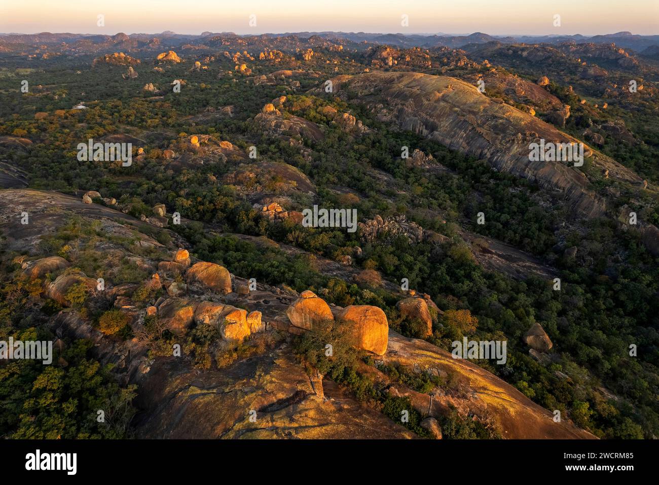 An aerial view of the unique landscape of the Matobo hills in Zimbabwe ...