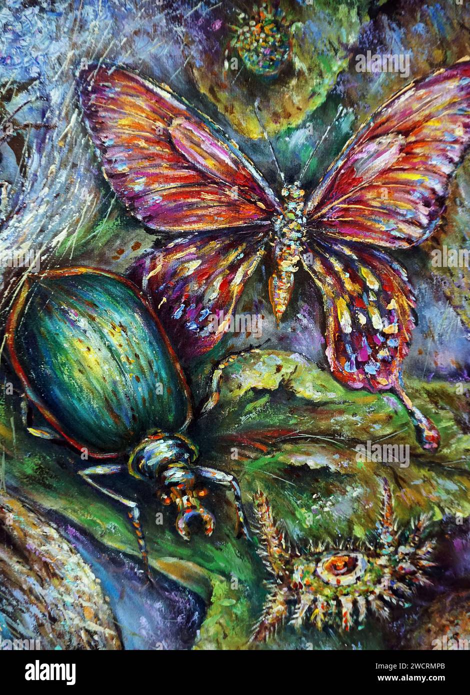 Original art painting Oil color Insect growth and Night butterfly Stock ...