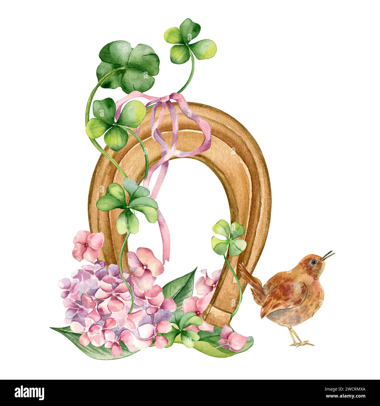 Horseshoe and clover in botanical art watercolor illustration isolated ...