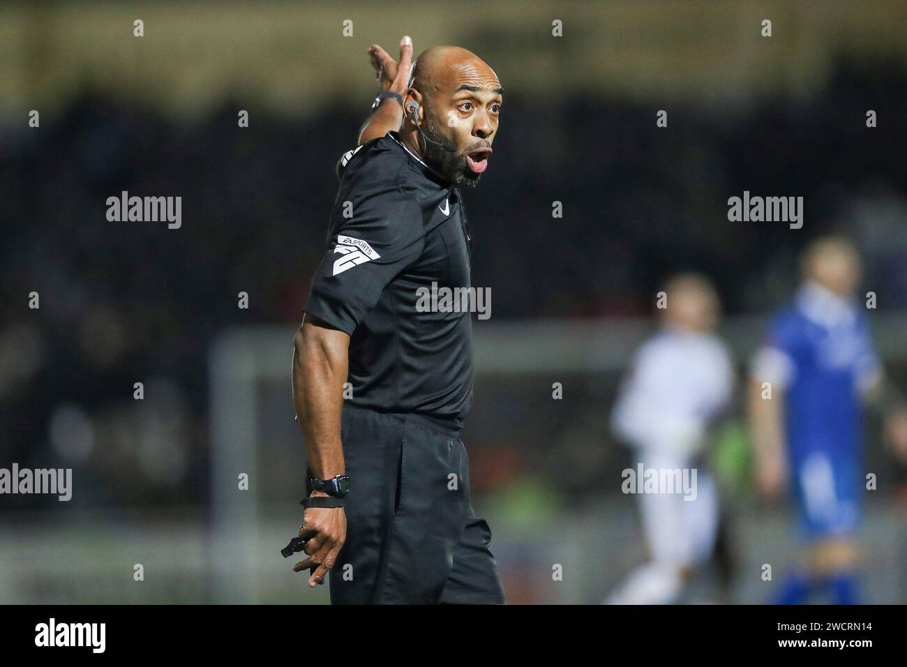 Eastleigh, UK. 16th Jan, 2024. Referee Sam Allison gestures during the ...