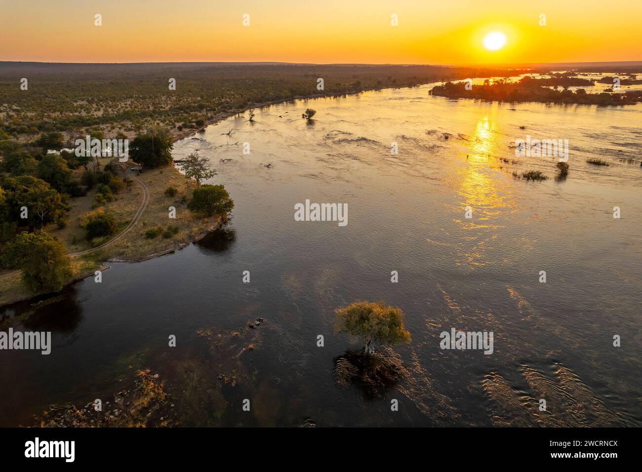 An aerial view of the Zambezi river in Zimbabwe's Zambezi National Park ...