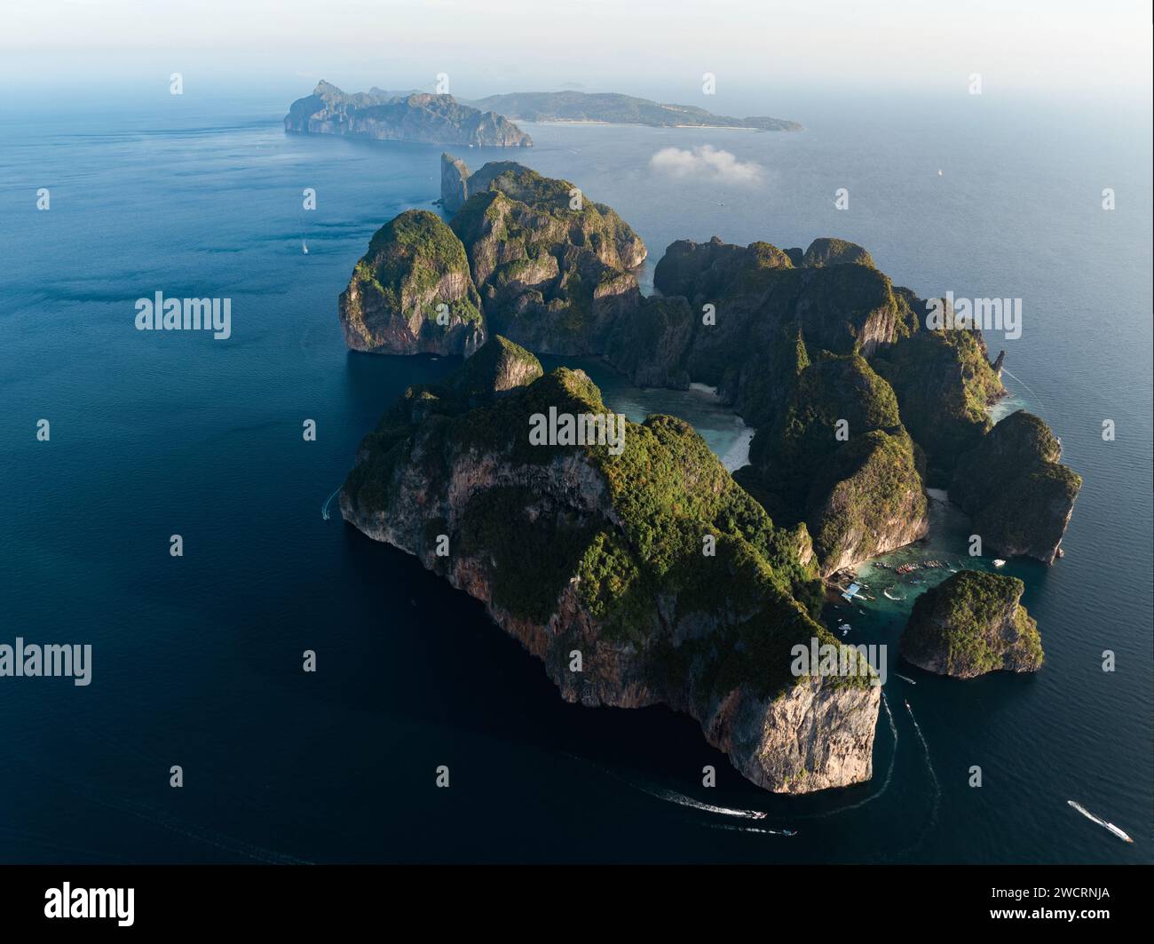 Stunning aerial view of Ko Phi Phi Lee, a ring of steep limestone hills ...