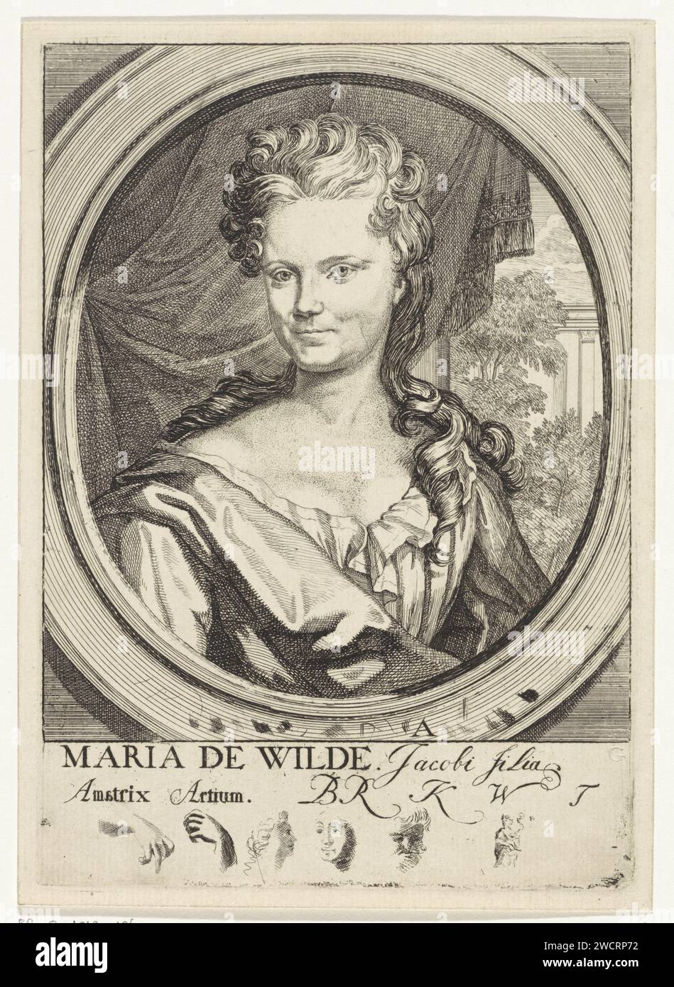 Self -portrait, Maria de Wilde, 1700 - 1755 print Self -portrait of Maria de Wilde in a round ...