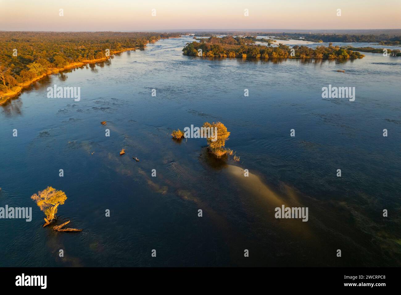 A dramatic aerial view of the Zambezi river in Zimbabwe's Zambezi ...