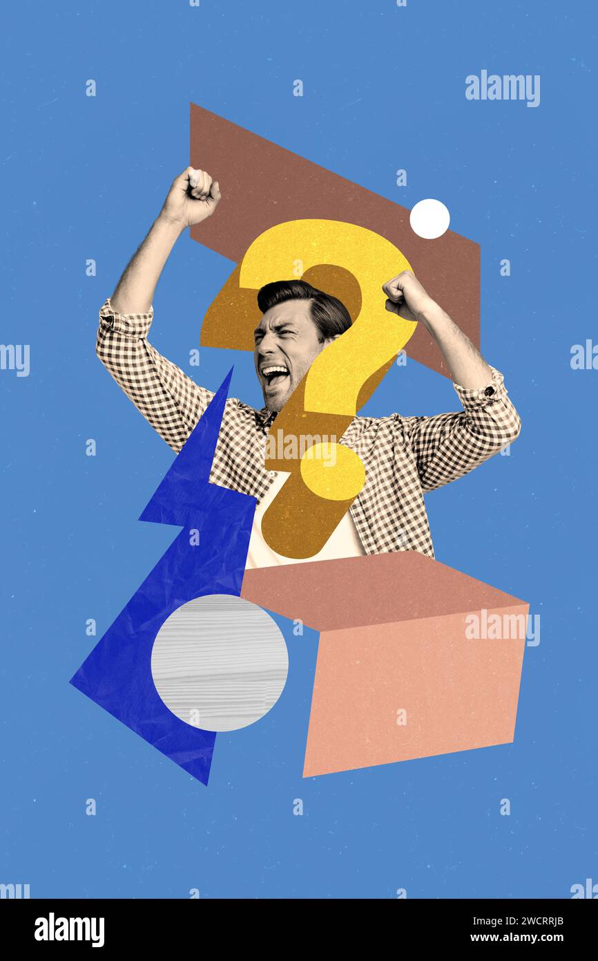 Composite collage picture image of raise hands scream man question mark ...