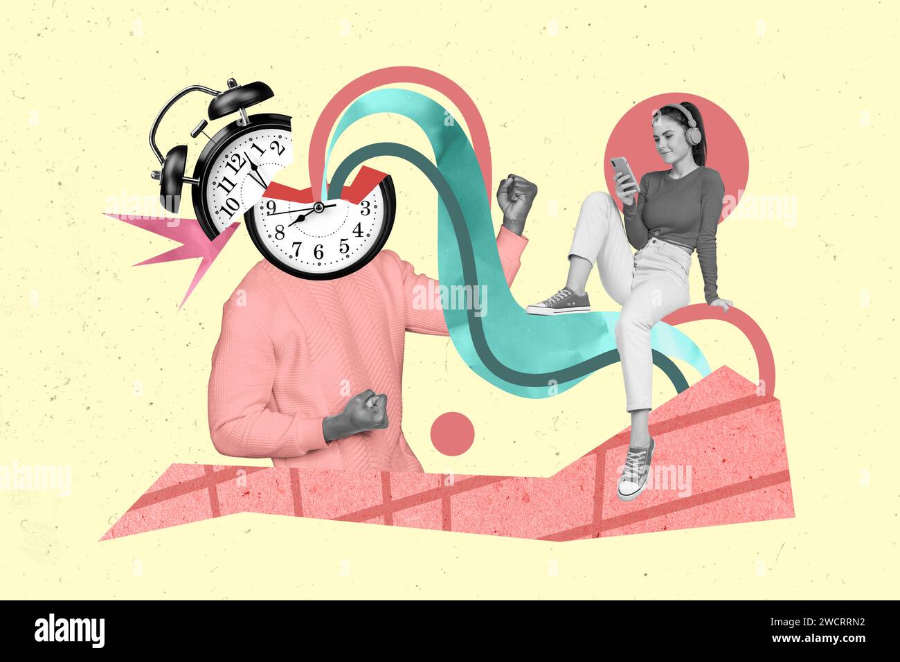 Collage 3d image of pinup pop retro sketch of funny female listen music ...