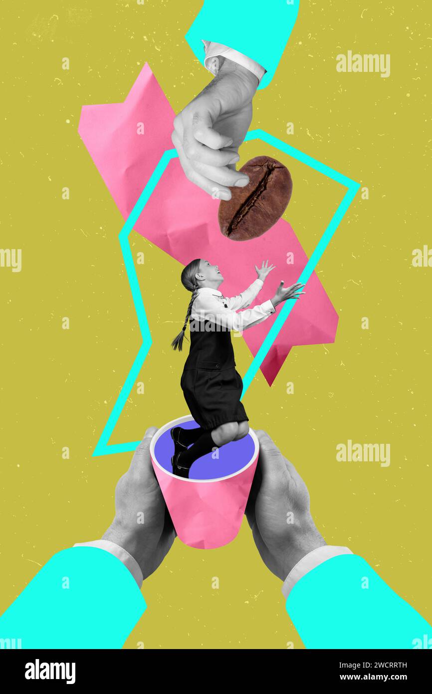 Creative poster collage of funny schoolkid girl hands hold cup bean ...