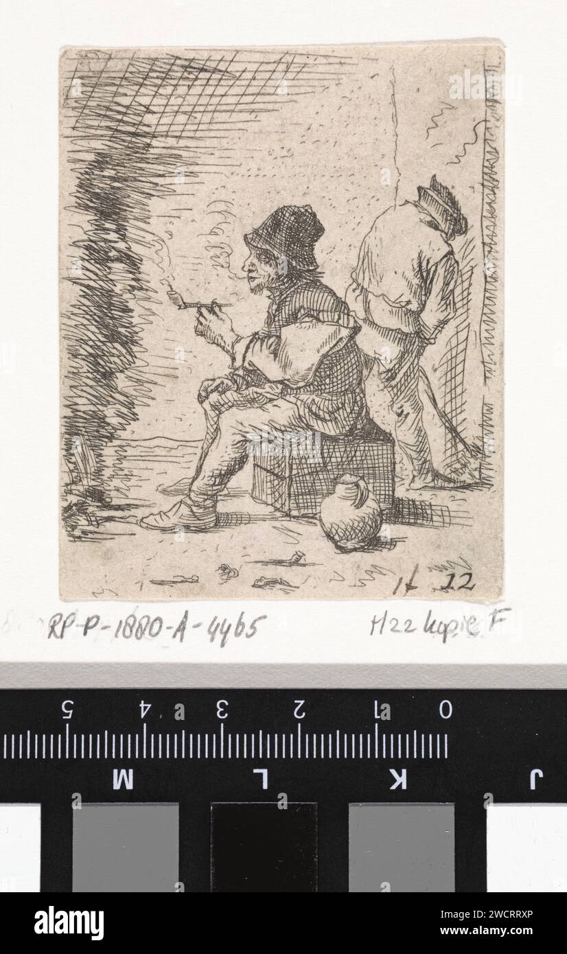 Smoking farmer by fire, Anonymous, After David Teniers (II), 1626 - 1740 print A farmer smokes ...