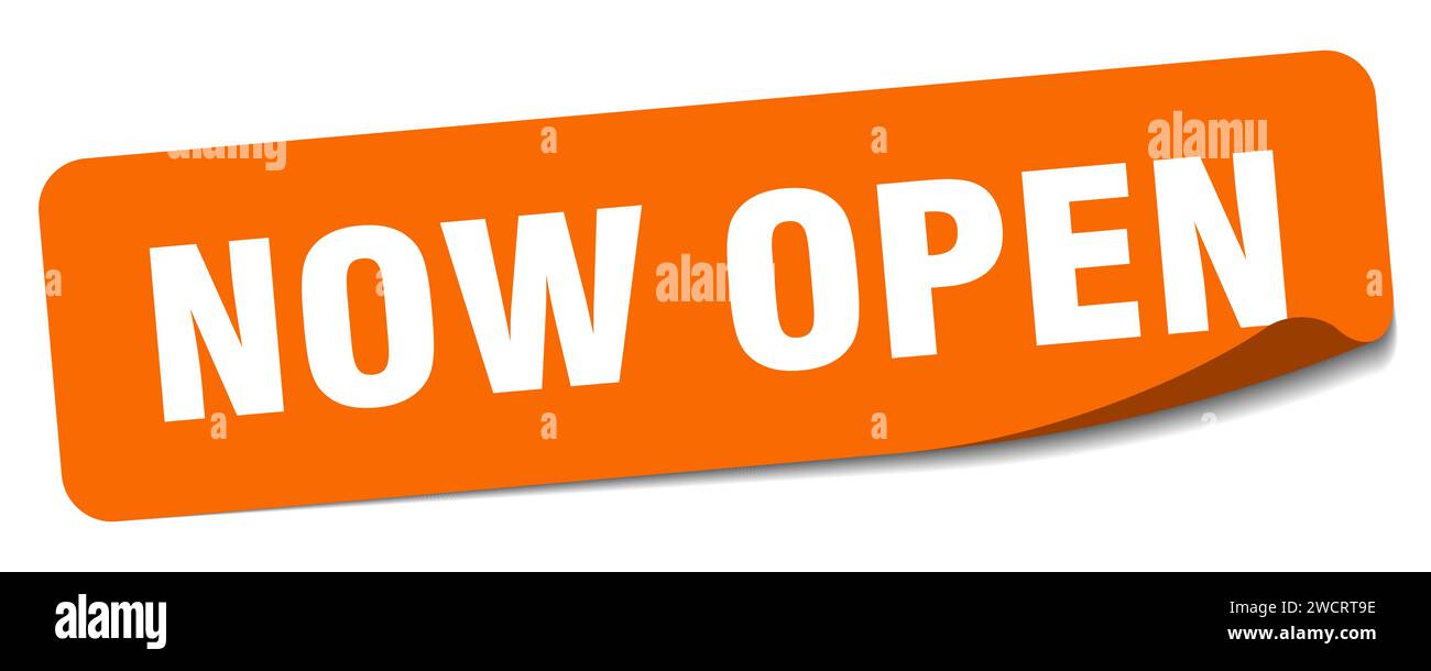 now open sticker. now open rectangular label isolated on white ...