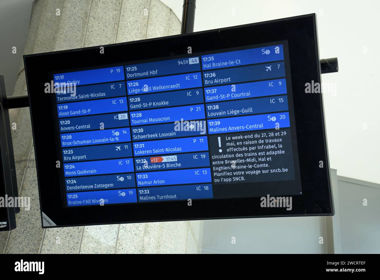 Departures display board showing trains at Brussels Midi Station ...