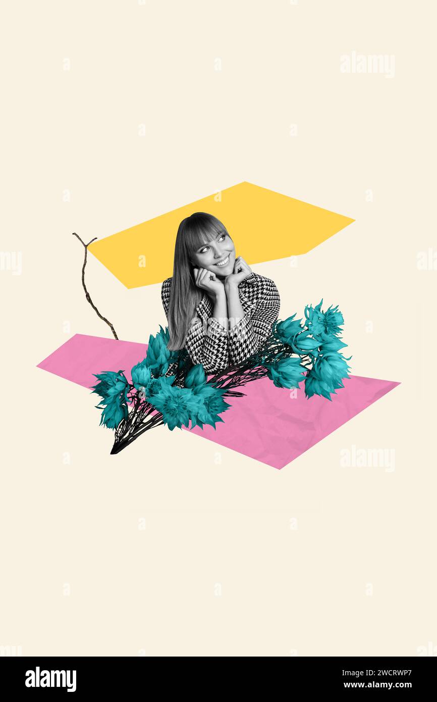 Vertical collage picture of minded black white effect girl contemplate ...