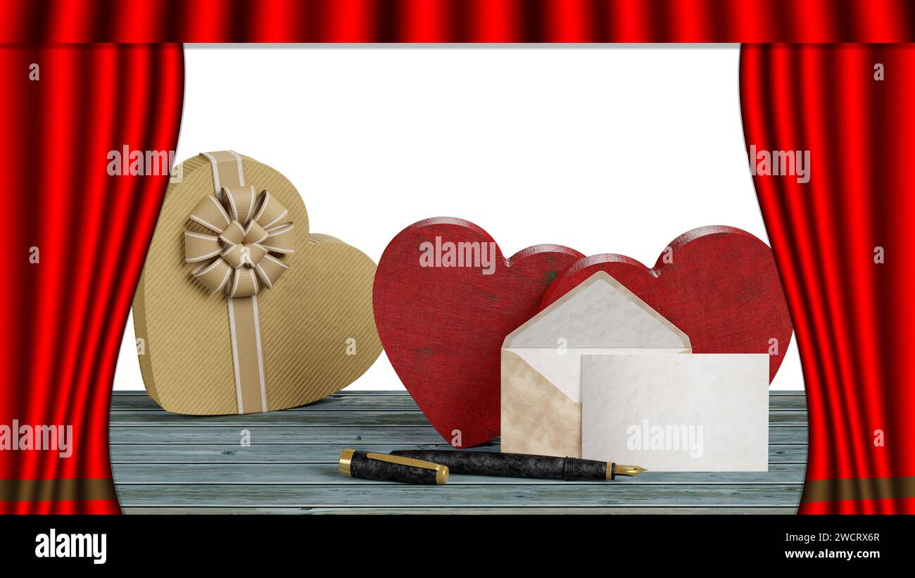 3D illustration. Open curtain in theater or cinema reveals the symbols ...