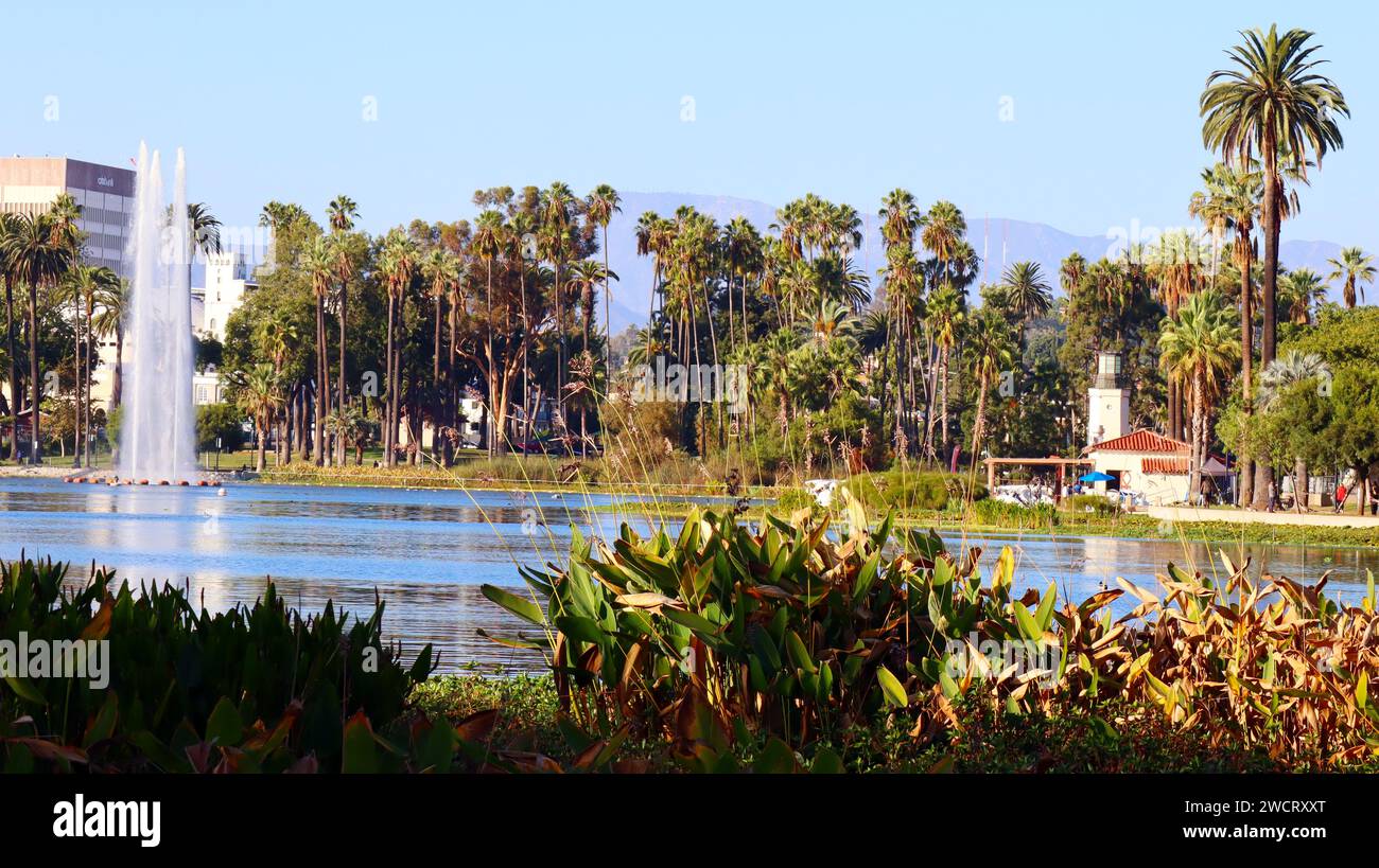 Los Angeles, California: Echo Park Lake, lake and urban park in the ...