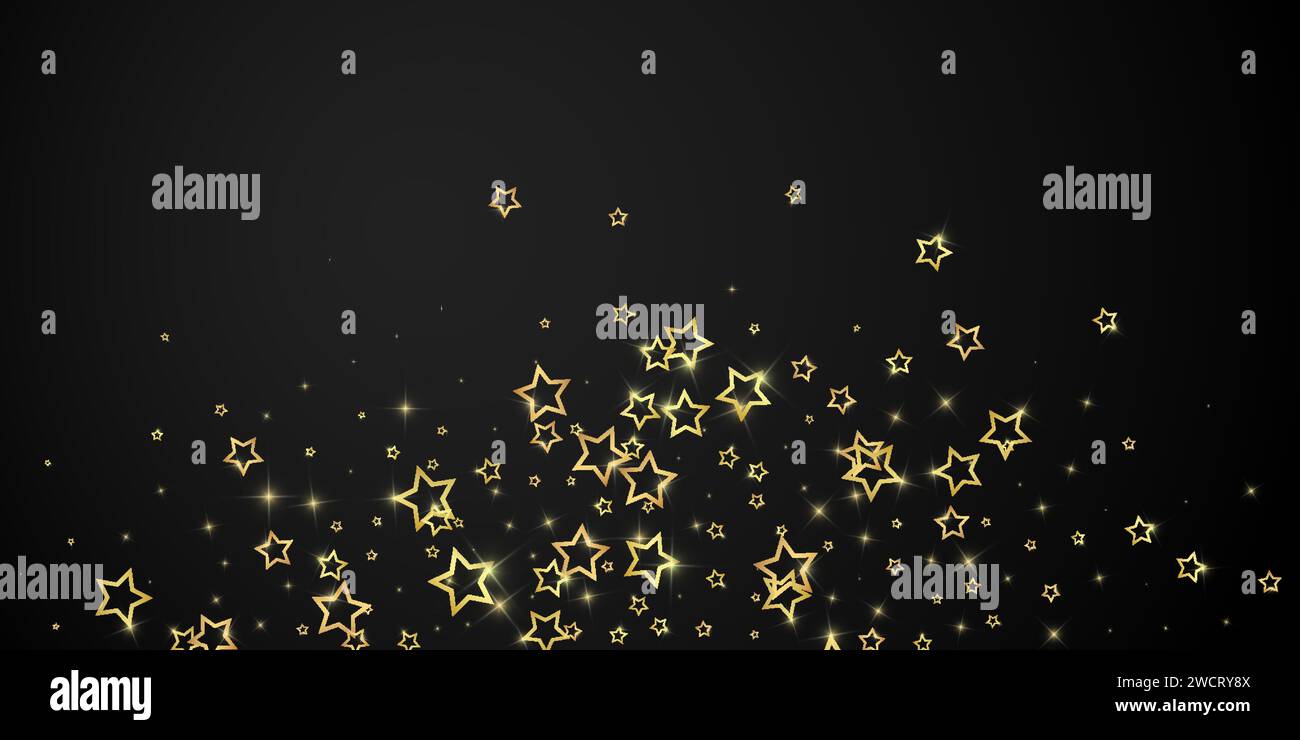 Gold sparkling star confetti. Chaotic dreamy childish overlay template. Festive stars vector ...