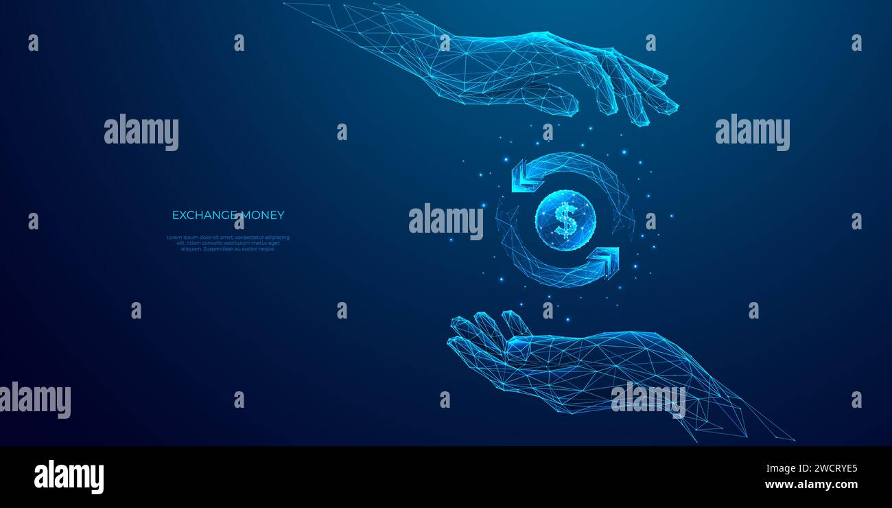 Abstract money exchange. Two hands holding coin with circular arrows ...