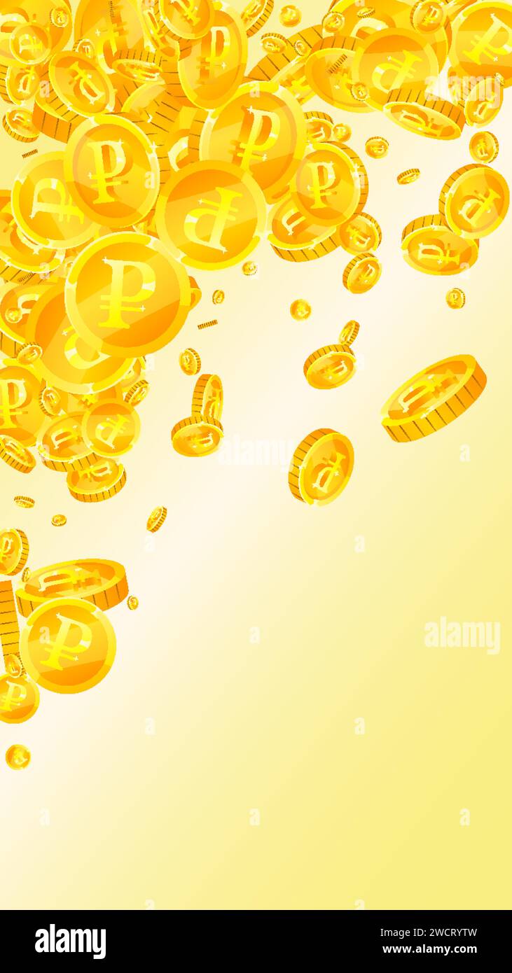 Russian ruble coins falling. Scattered gold RUB coins. Russia money ...