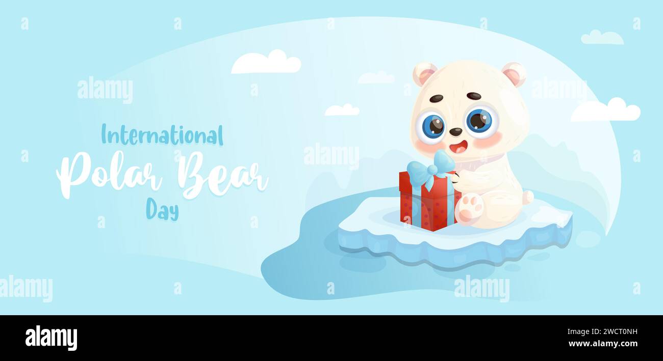 Cute polar bear with gift on ice floe. Holiday International Polar Bear Day. February 27. Vector ...