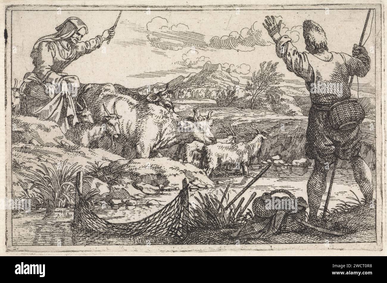 Visser at River, Jan Baptist de Wael, 1642 - 1669 print A fisherman is ...