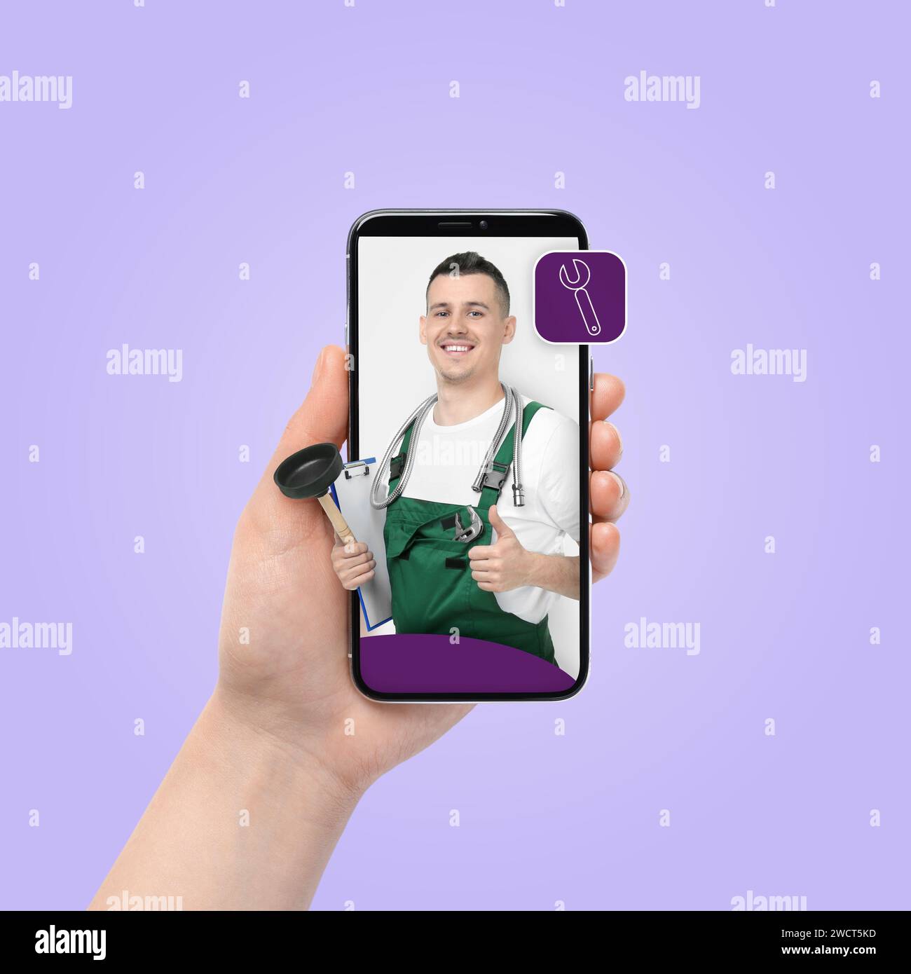 Find plumber. Woman using mobile phone on light violet background ...