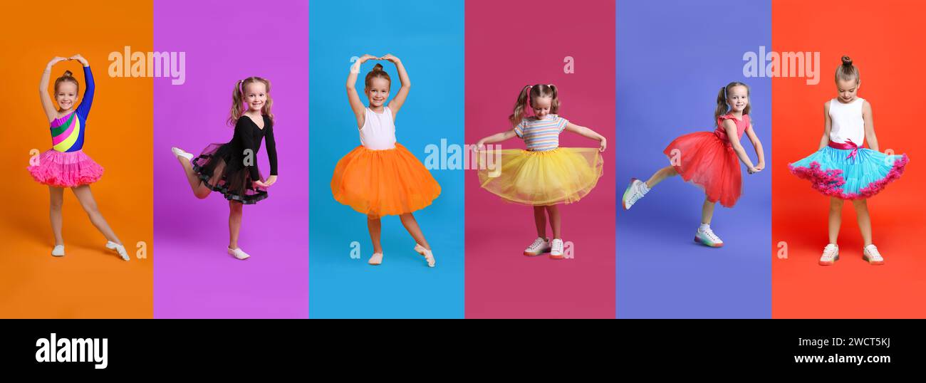 Cute little girls dancing on different colors backgrounds, collection ...