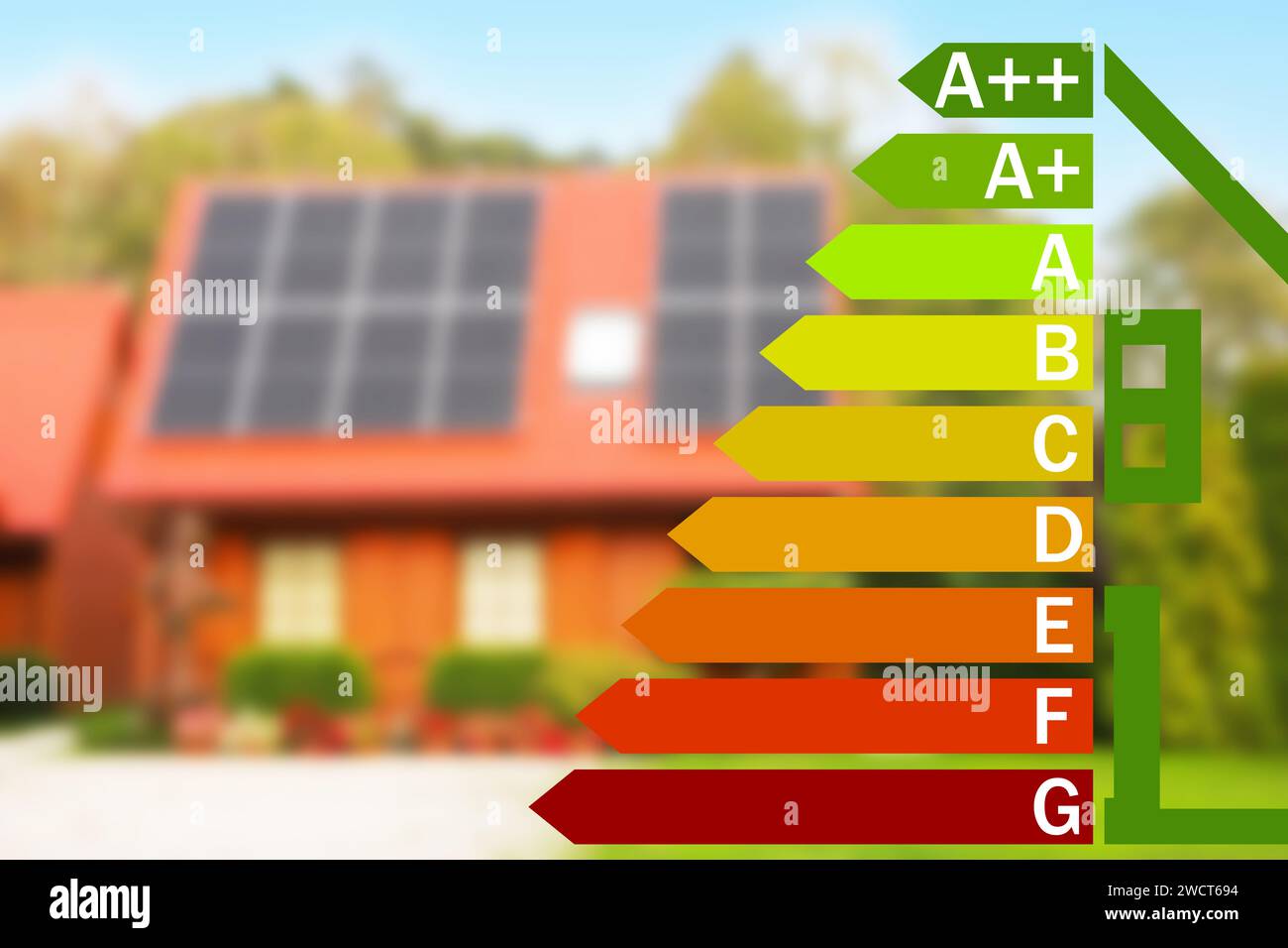 Energy efficiency rating and blurred view of house with solar panels ...