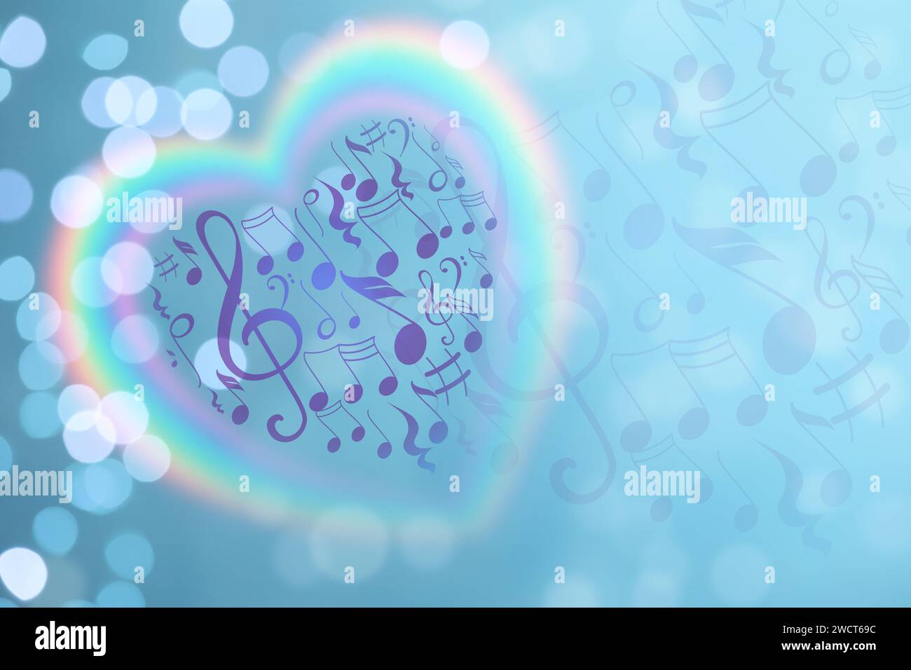 Heart of music notes on light blue background with blurred lights ...