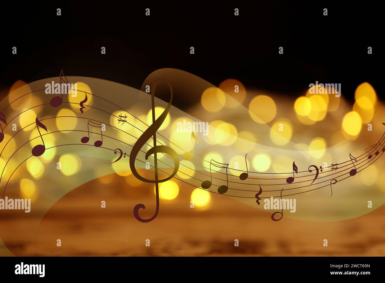 Music notes on dark background, bokeh effect Stock Photo - Alamy