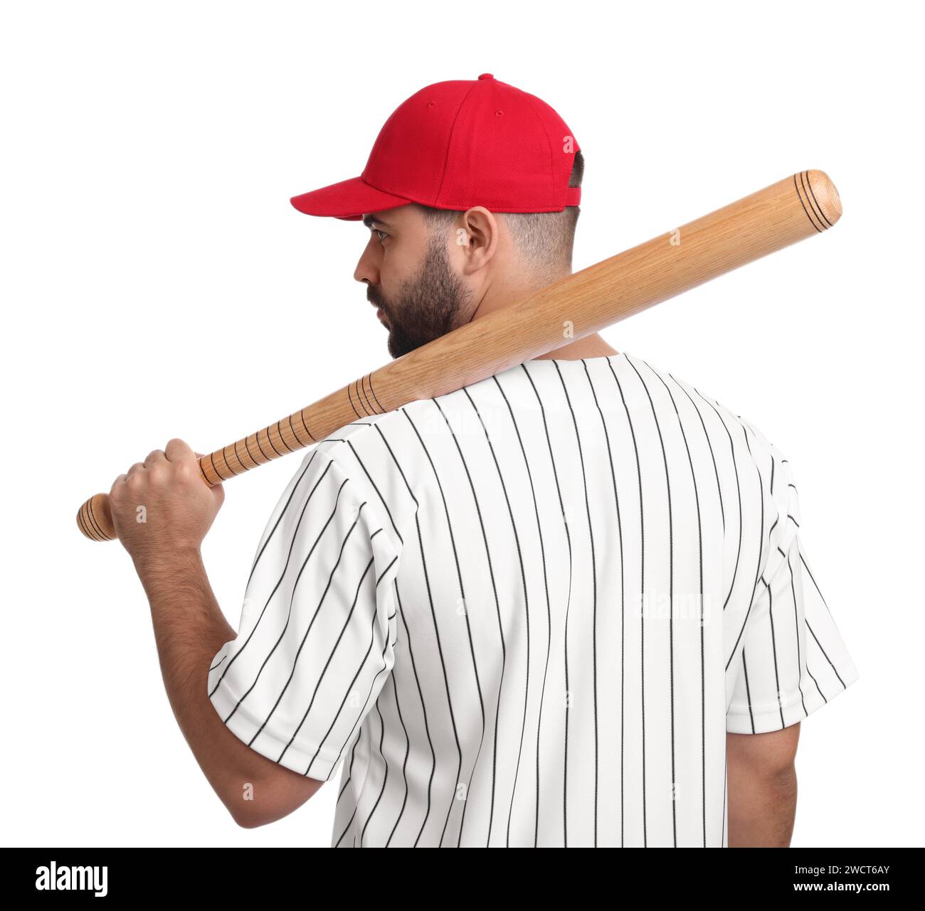 Man in stylish red baseball cap holding bat on white background, back ...