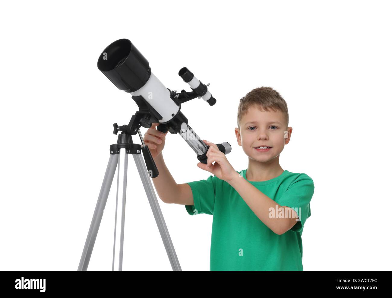 Happy little boy with telescope on white background Stock Photo - Alamy