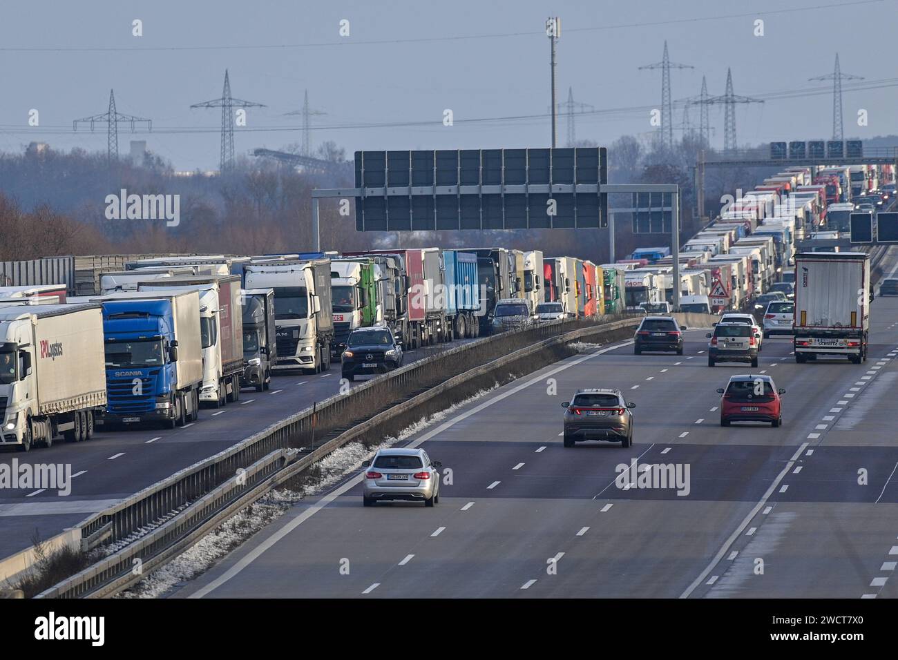 Magdeburg, Germany. 17th Jan, 2024. Trucks are jammed on the A2 freeway ...