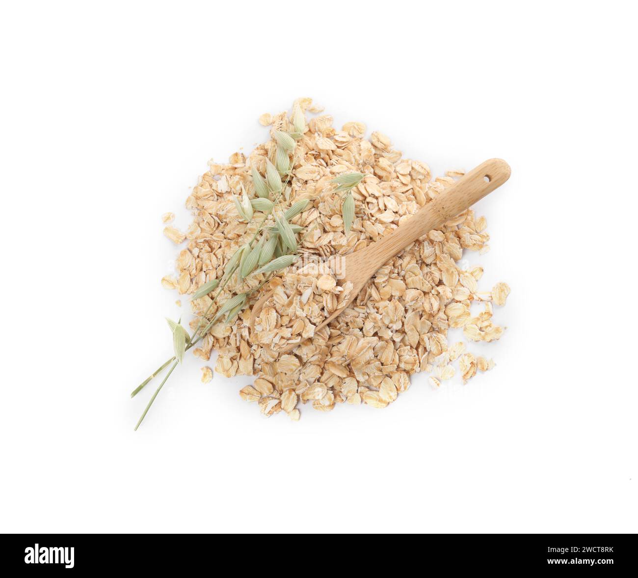 Wooden spoon with oatmeal and florets isolated on white, top view Stock ...