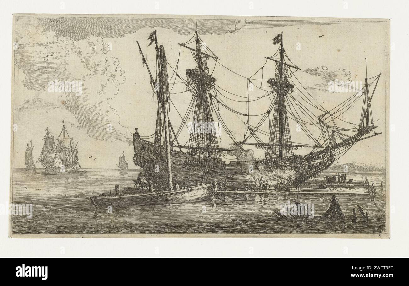 Repairs to the hull of a ship, Reinier Nooms, 1652 print Men standing ...