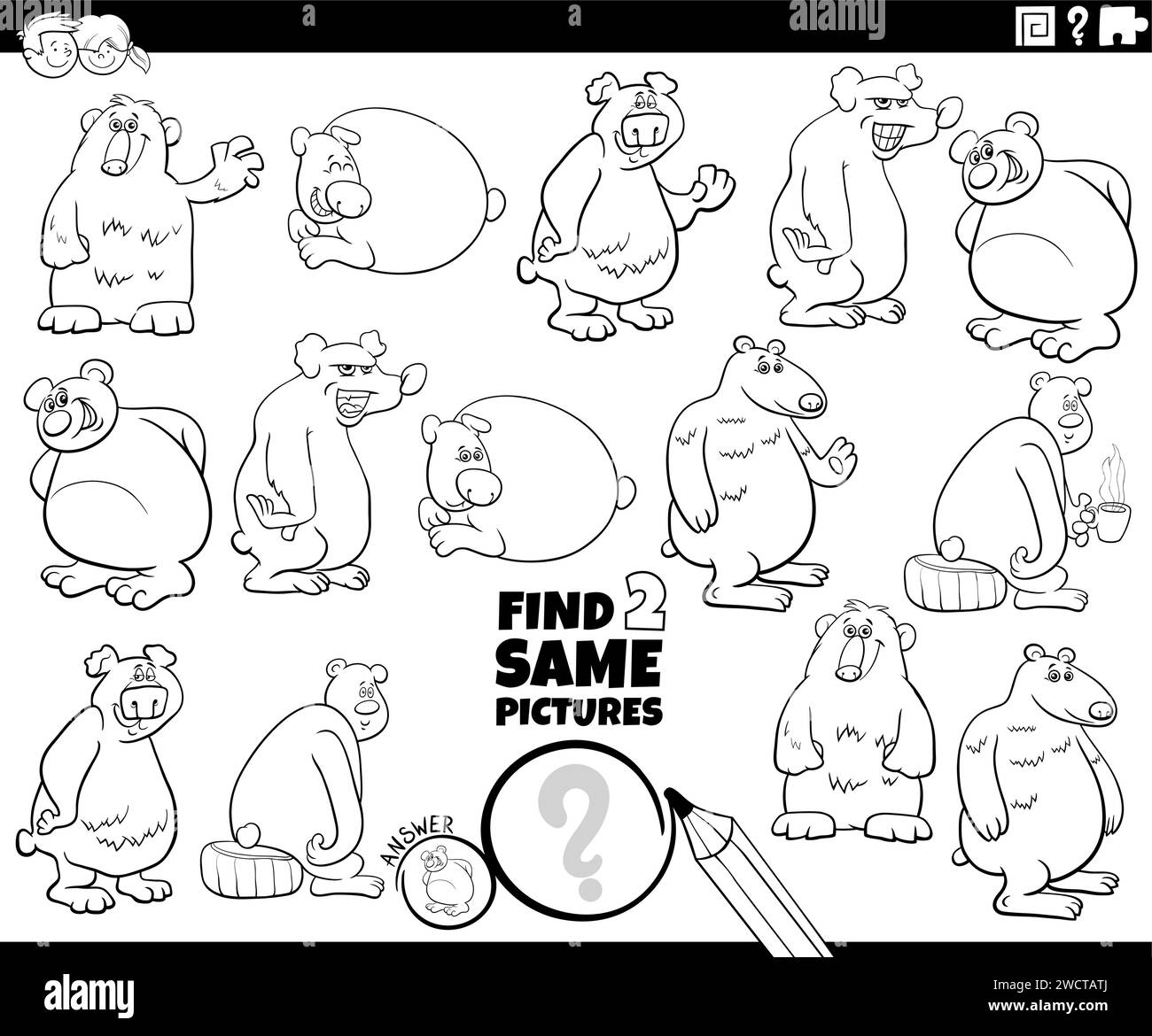 Cartoon illustration of finding two same pictures educational game with ...