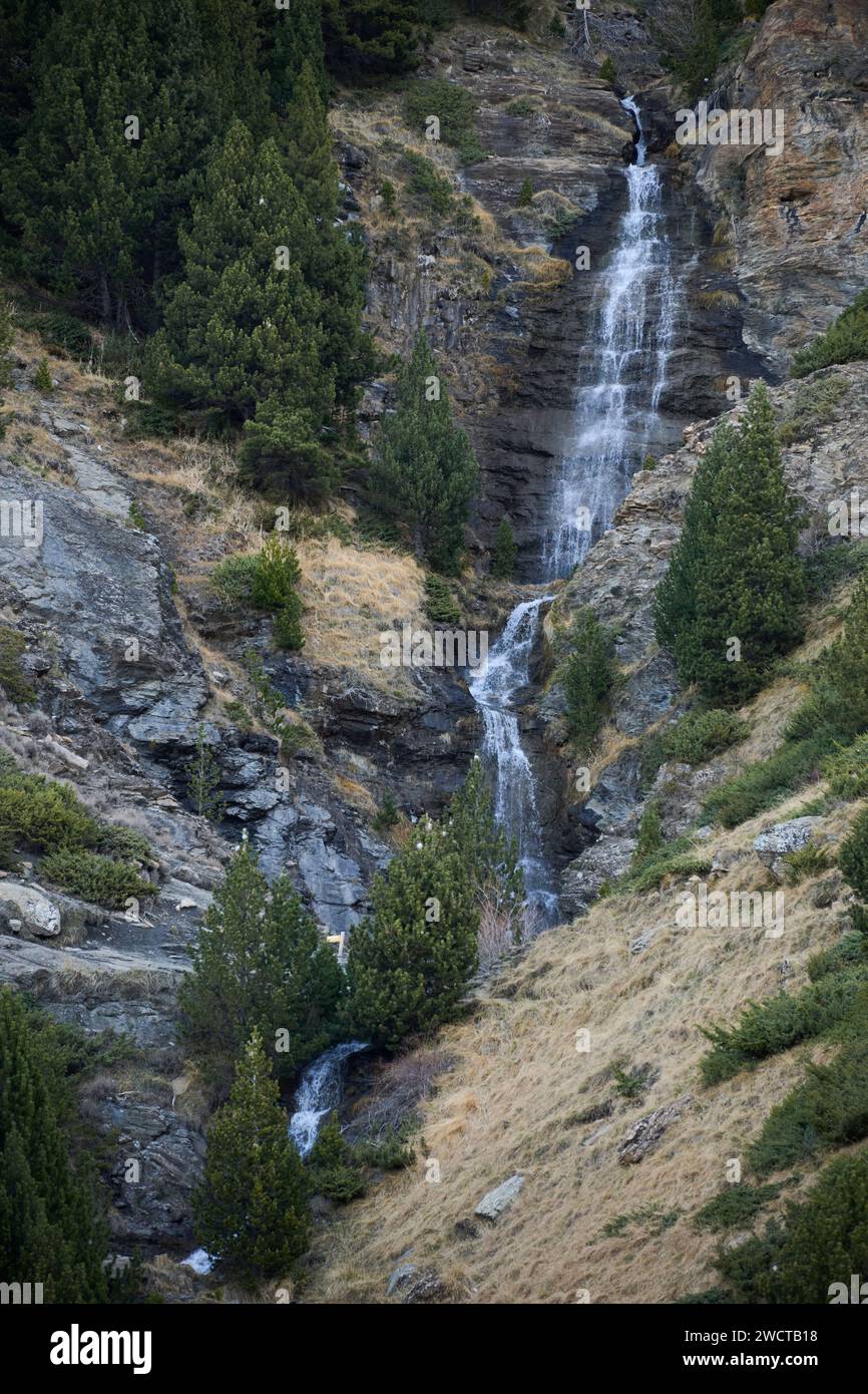 Cascading waterfalls flow down a rocky cliff amid evergreen trees ...