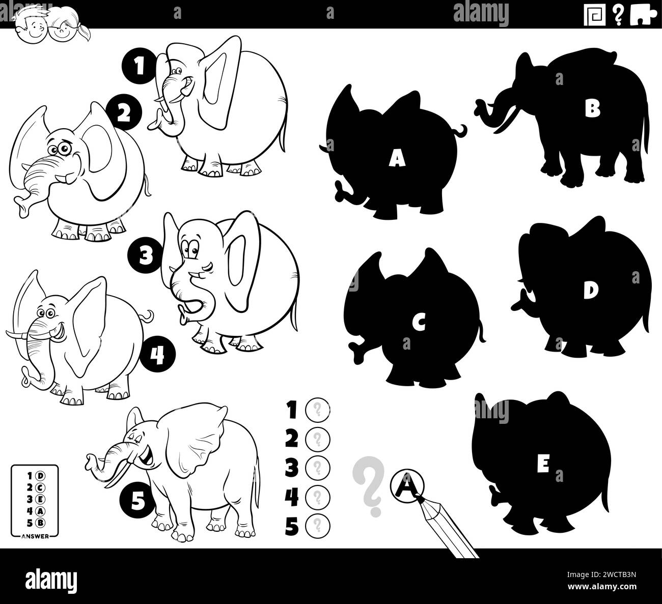 cartoon illustration of finding the right shadows to the pictures educational game with ...